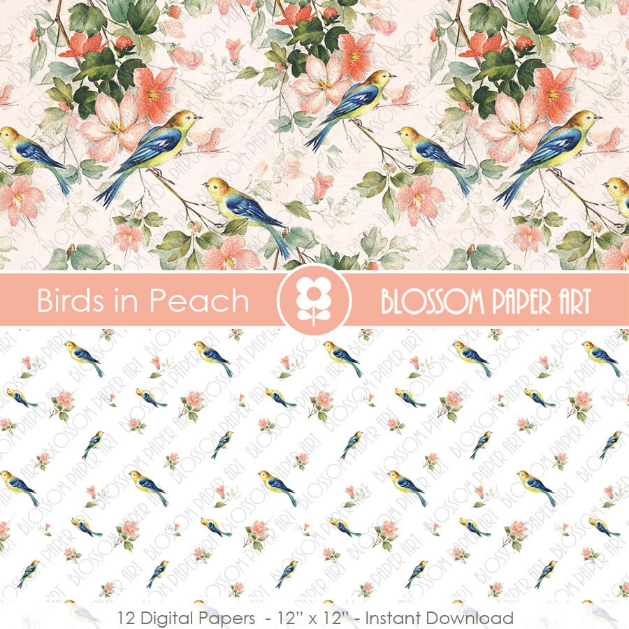 Digital Paper Birds Digital Paper Pack Peach Blue Birds - Etsy