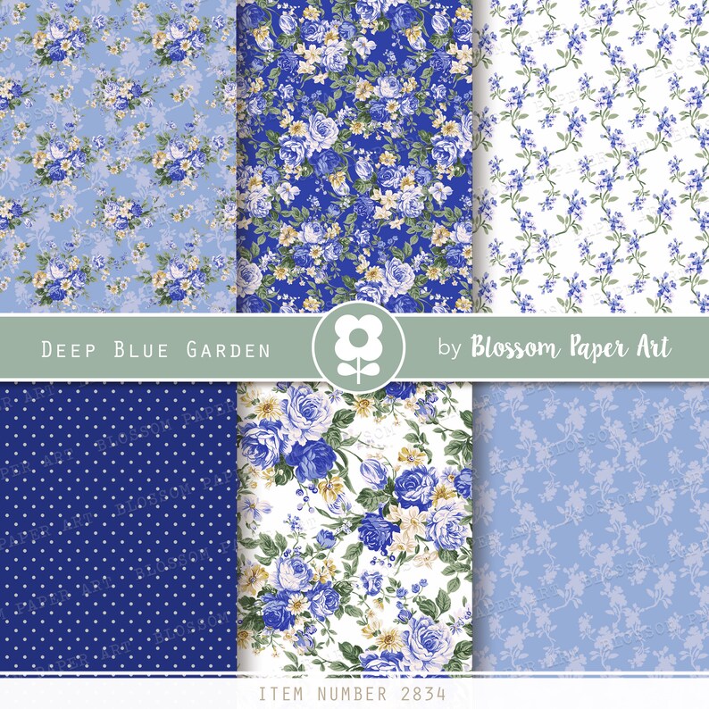 Blue Digital Papers Floral Digital Paper Pack Rose Digital - Etsy