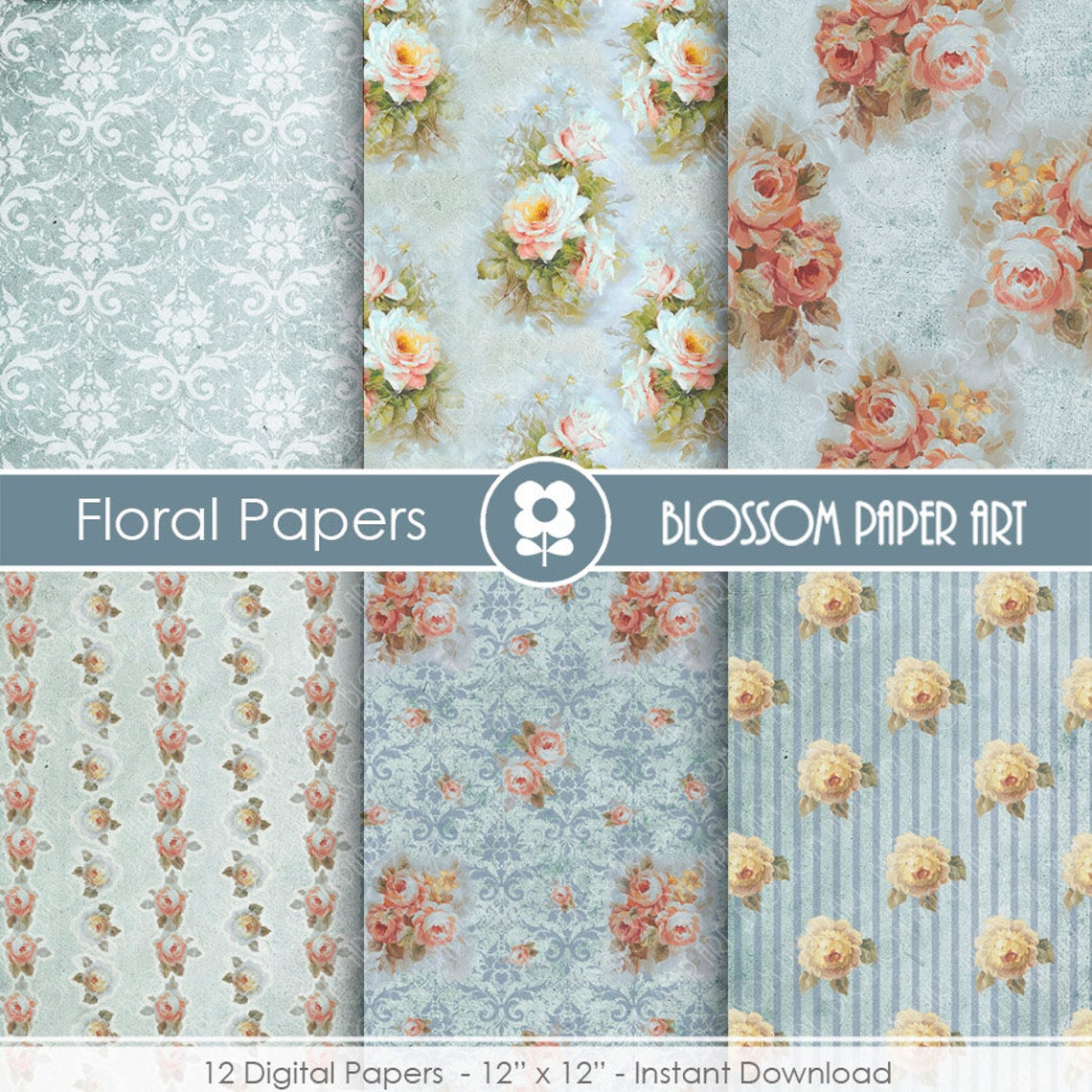 Blue Digital Paper Floral Digital Paper Pack Blue Flowers | Etsy