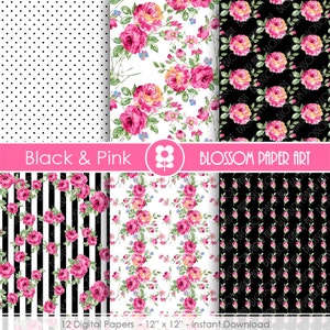 Pink and Black Digital Paper, Floral Digital Paper Pack, Pink Roses ...