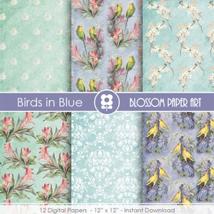 Vintage Digital Paper Blue, Birds Digital Paper Pack, Vintage Birds ...