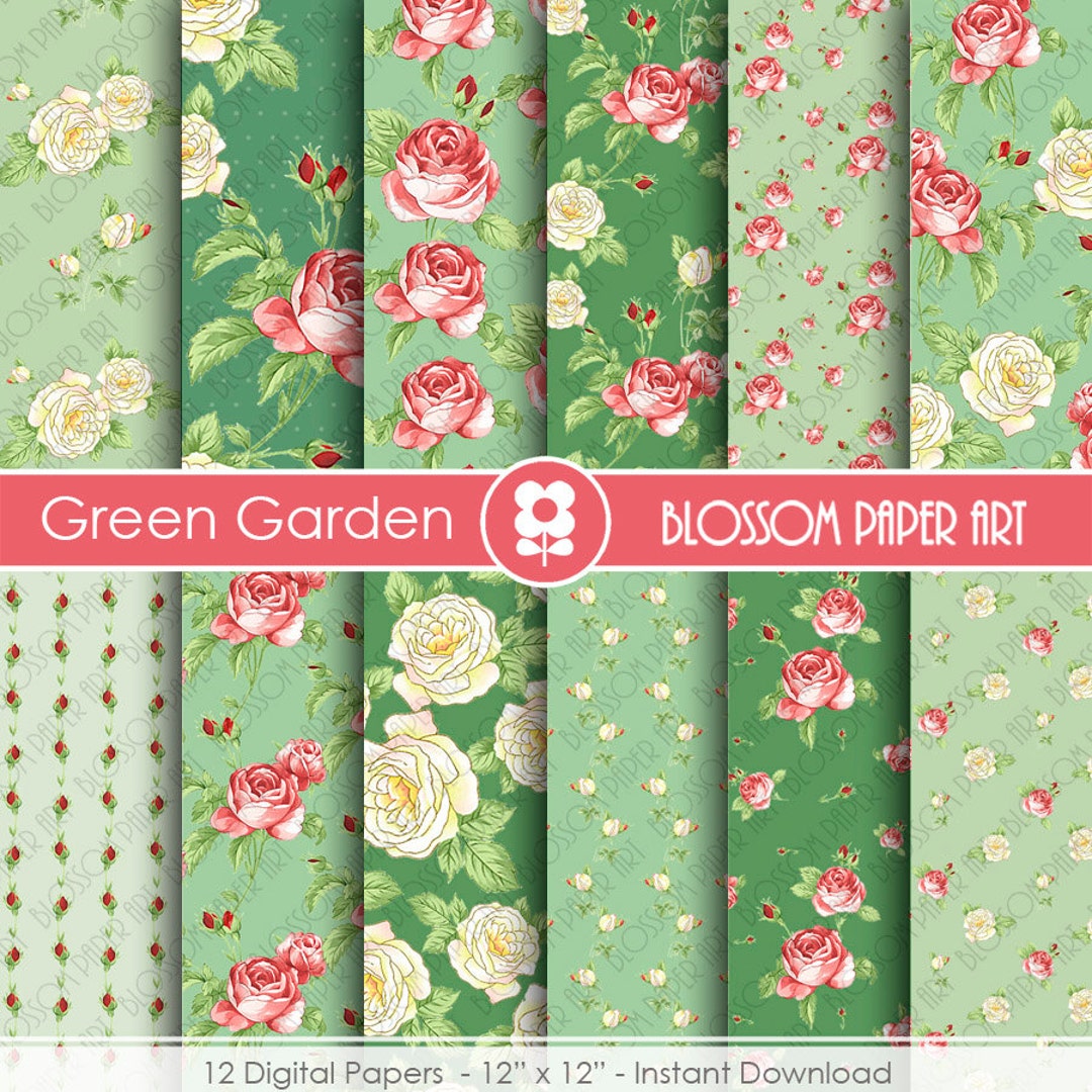 Green Scrapbook Paper Floral Digital Paper Roses Digital Paper Pack ...