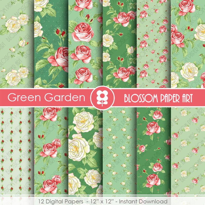 Green Scrapbook Paper Floral Digital Paper Roses Digital Paper | Etsy