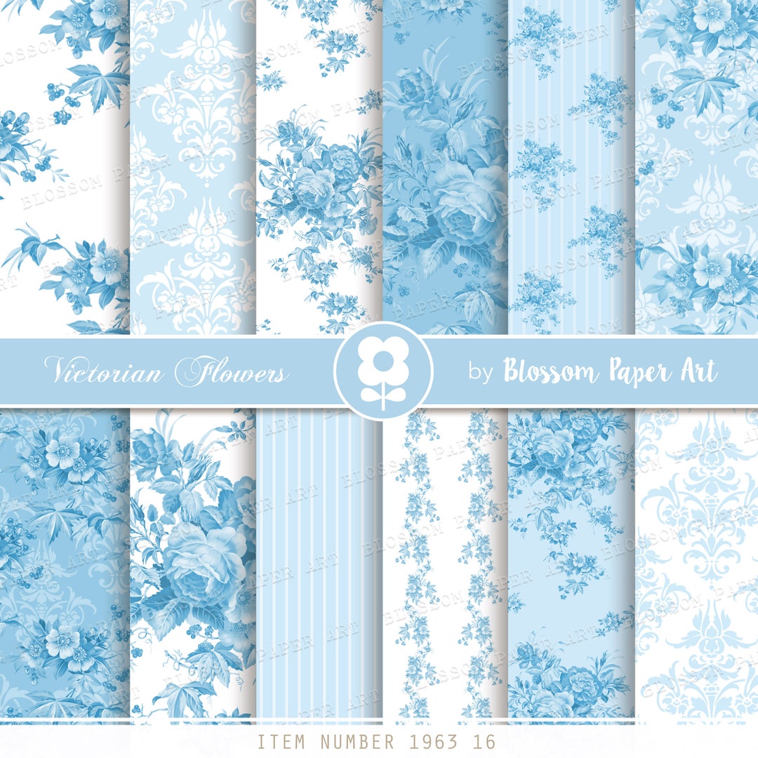 Light Blue Floral Digital Paper, Rose Digital Paper Pack, Floral ...
