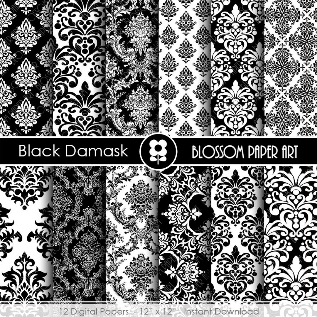Black White Damask Digital Paper - Damask Digital Scrapbooking Paper ...