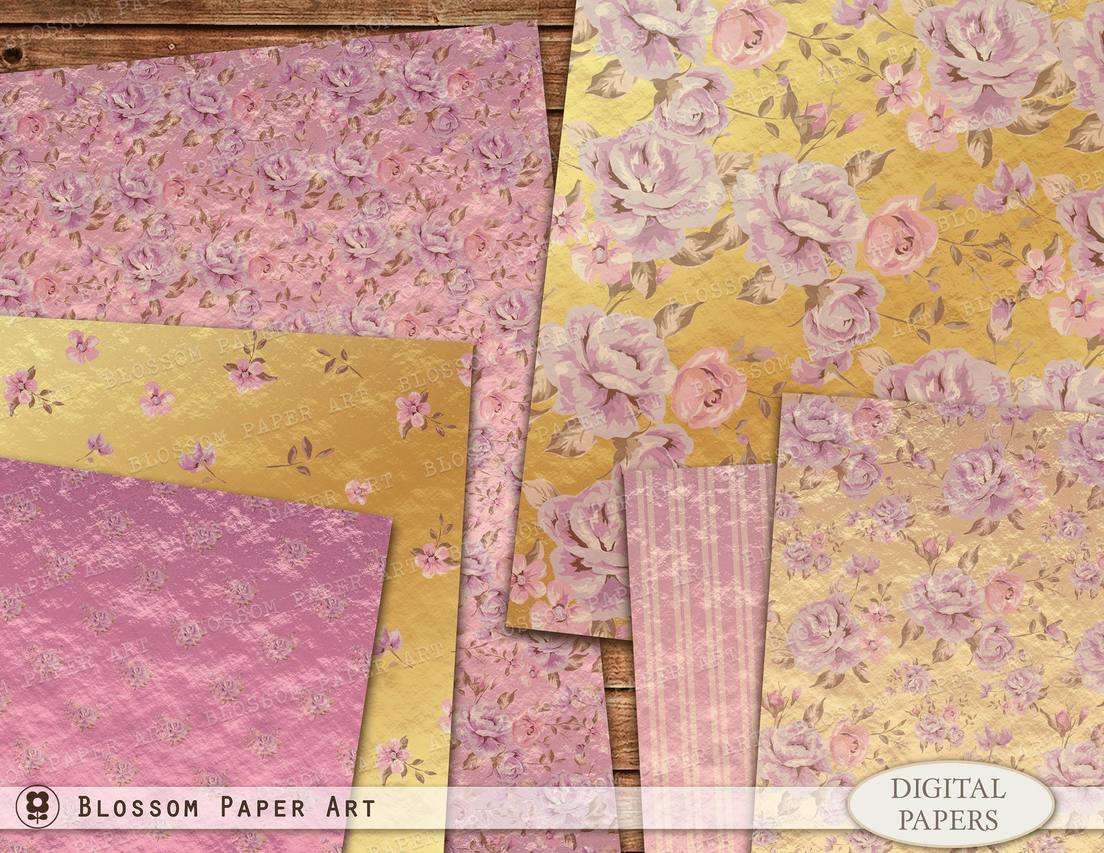 Gold Floral Digital Paper Pack, Scrapbook Paper (instant Download ...