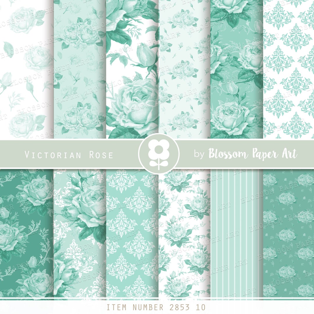 Green Mint Digital Paper, Roses Scrapbook Paper Pack, Aqua Digital ...