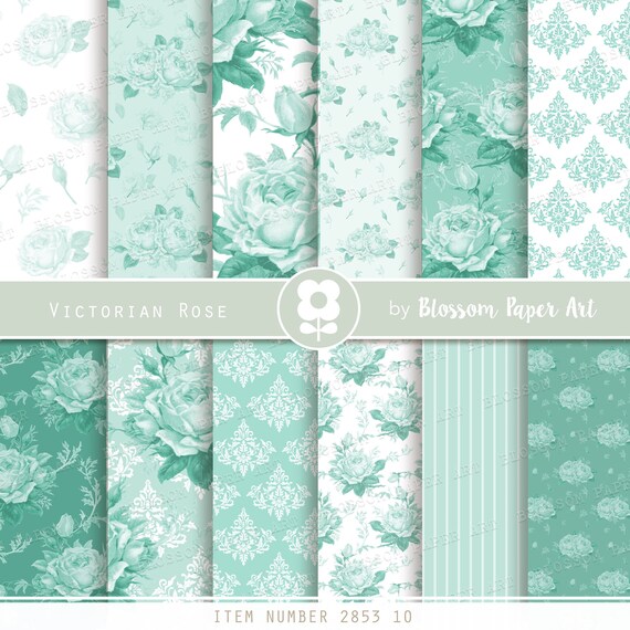 Green Mint Digital Paper Roses Scrapbook Paper Pack Aqua - Etsy