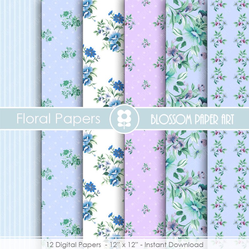 Shabby Chic Floral Digital Paper Pack: Blue & Purple Roses (digital ...