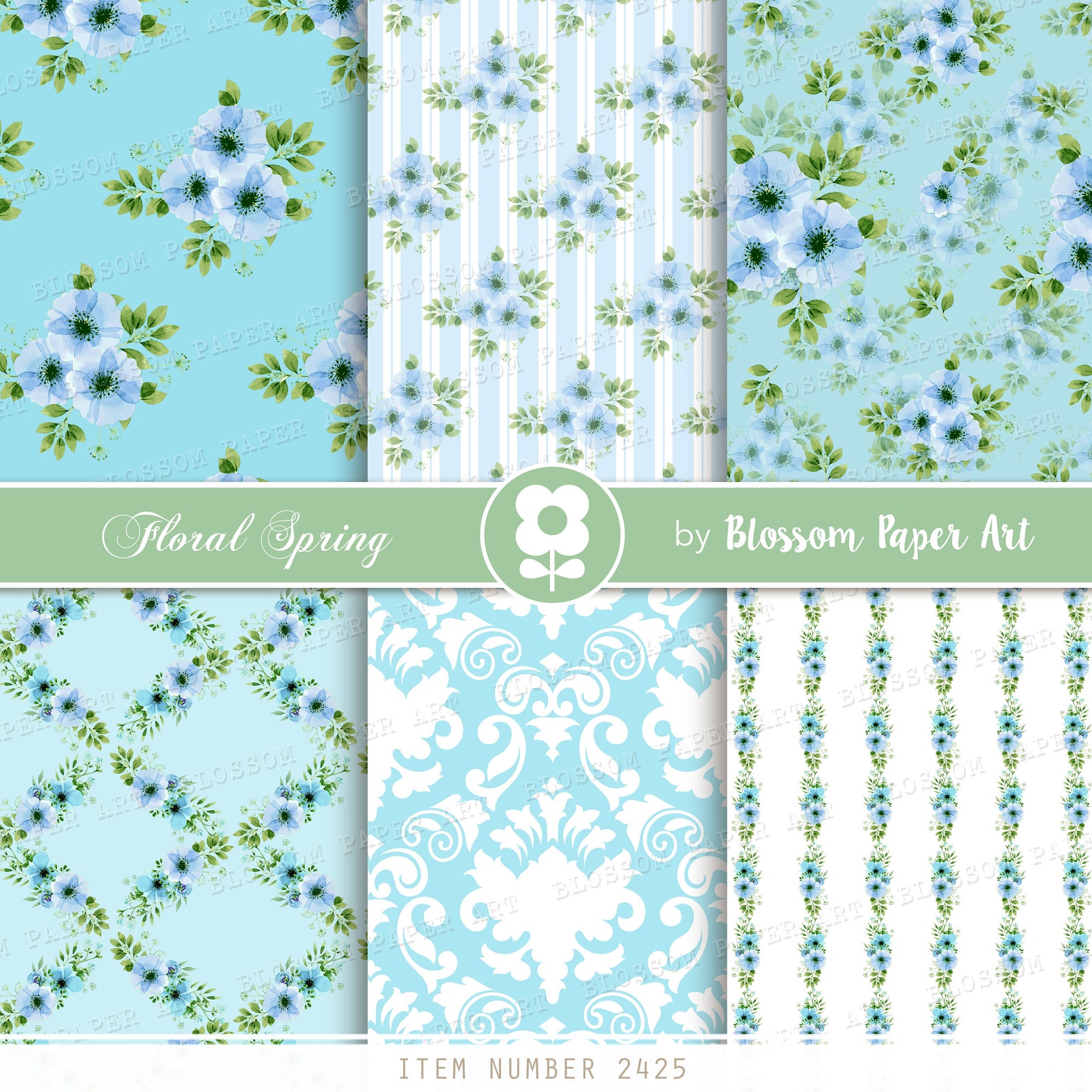 Light Blue Floral Digital Paper Scrapbooking Paper Pack | Etsy