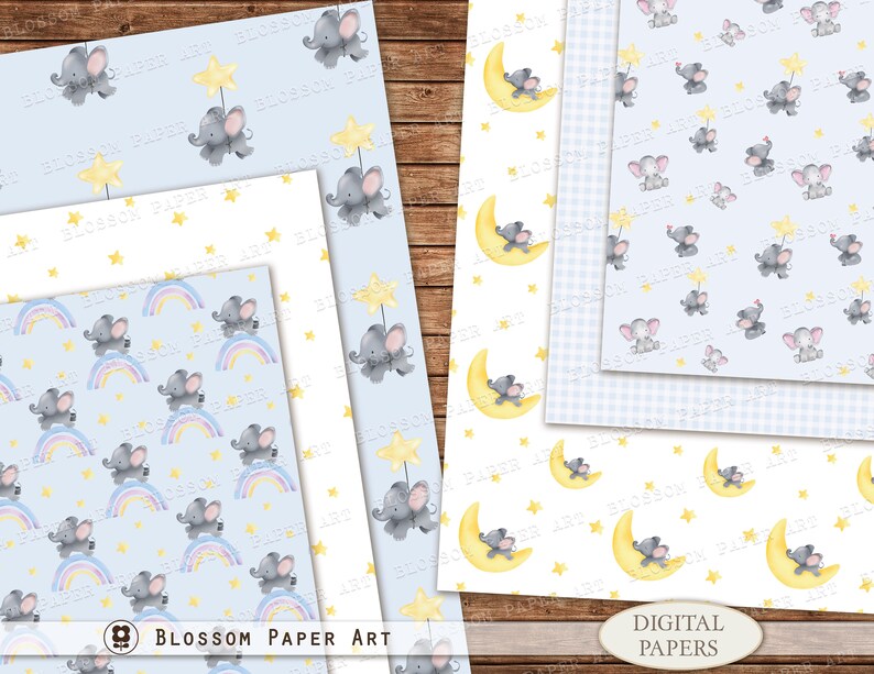Baby Elephant Digital Paper Pack: Light Blue Scrapbook Designs (digital ...