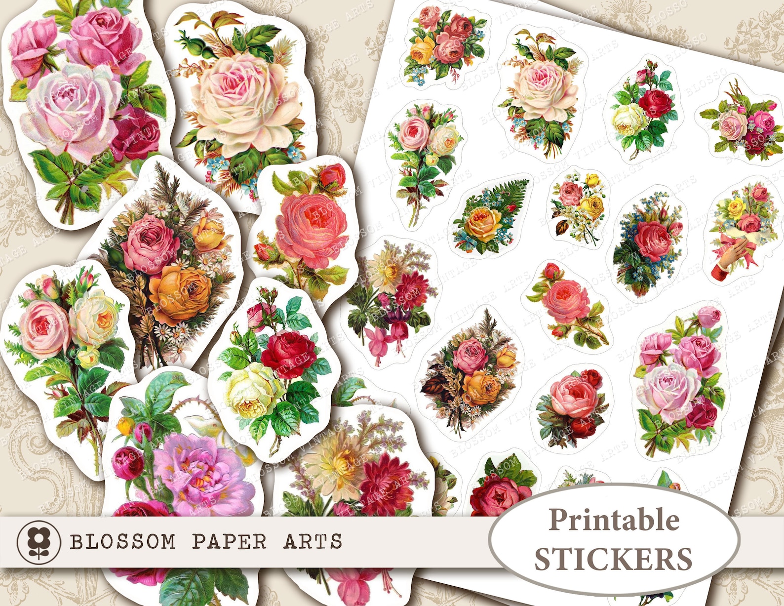 Printable Stickers FLOWERS, Vintage Floral Stickers Digital Collage ...