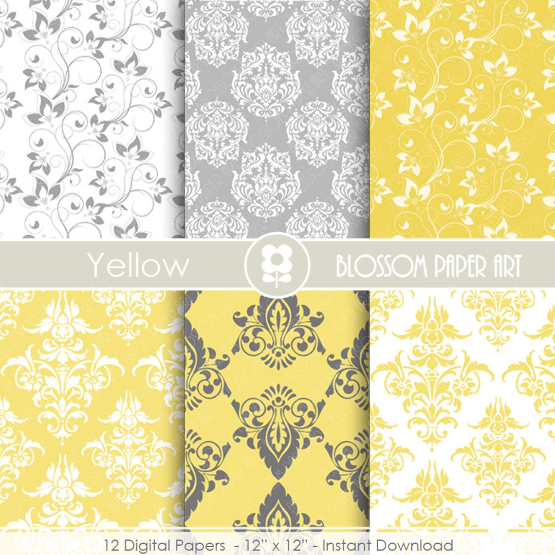 Digital Paper Yellow Digital Paper Pack Damask Digital Paper | Etsy