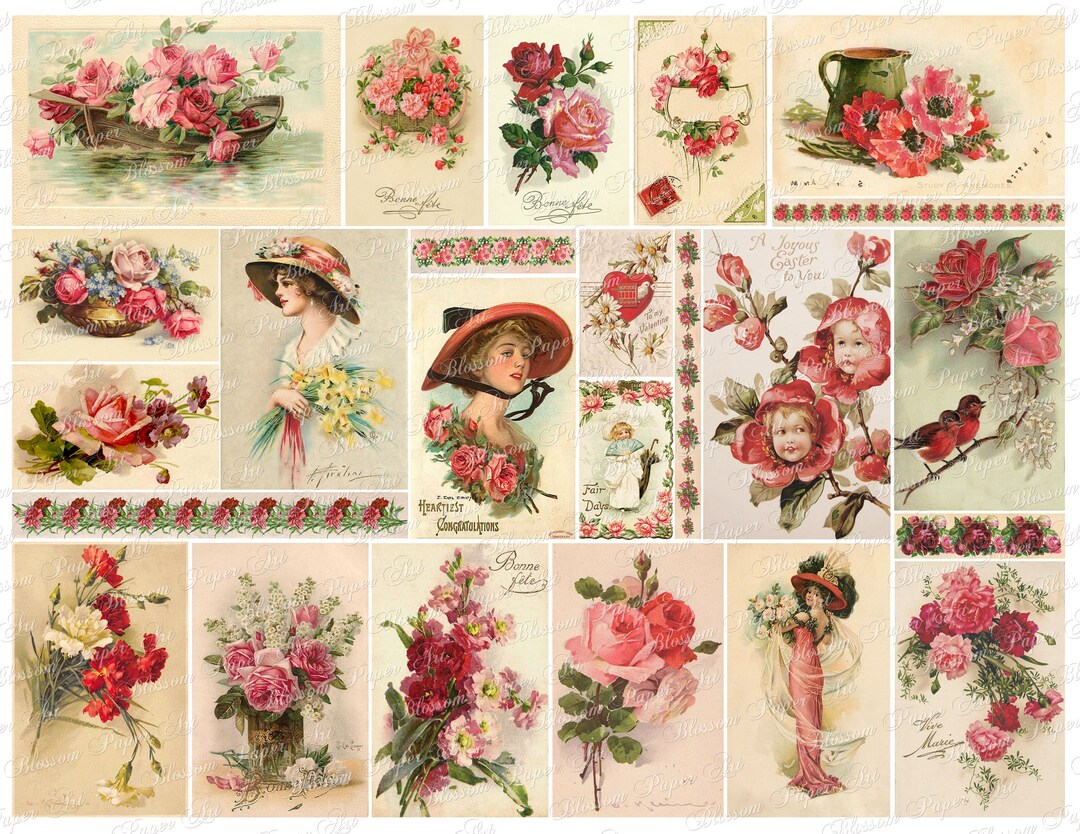 Pink Ephemera, Floral Postcards, Printable Ephemera for Junk Journal ...