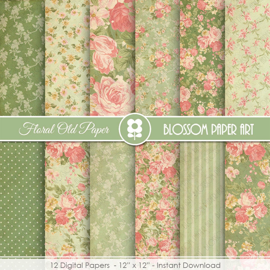 Floral Digital Paper, Floral Vintage Digital Paper Pack, Green Roses ...