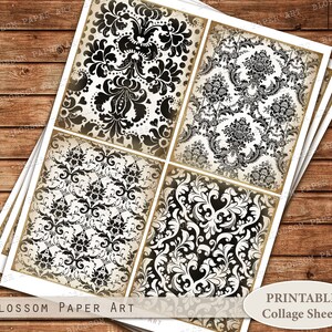 Printable Digital Paper BLACK DAMASK Vintage Digital Collage Sheet Junk ...