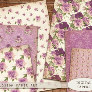 Purple Digital Papers FLORAL Digital Papers, Vintage Scrapbook Paper ...