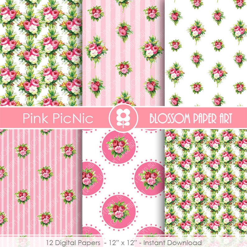 Pink Digital Paper Shabby Chic Digital Paper Pack, Pink Vintage Roses ...