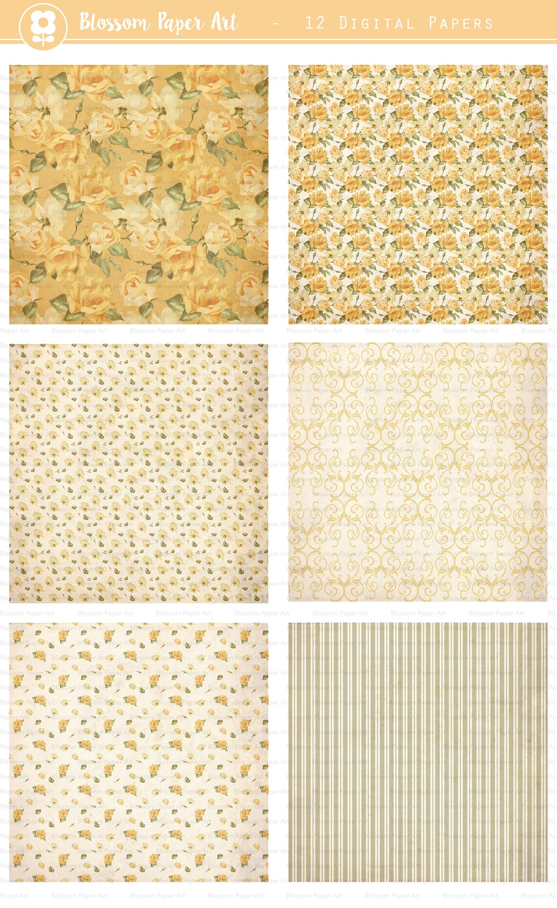 Yellow Digital Paper Floral Gold Digital Paper Pack Floral - Etsy