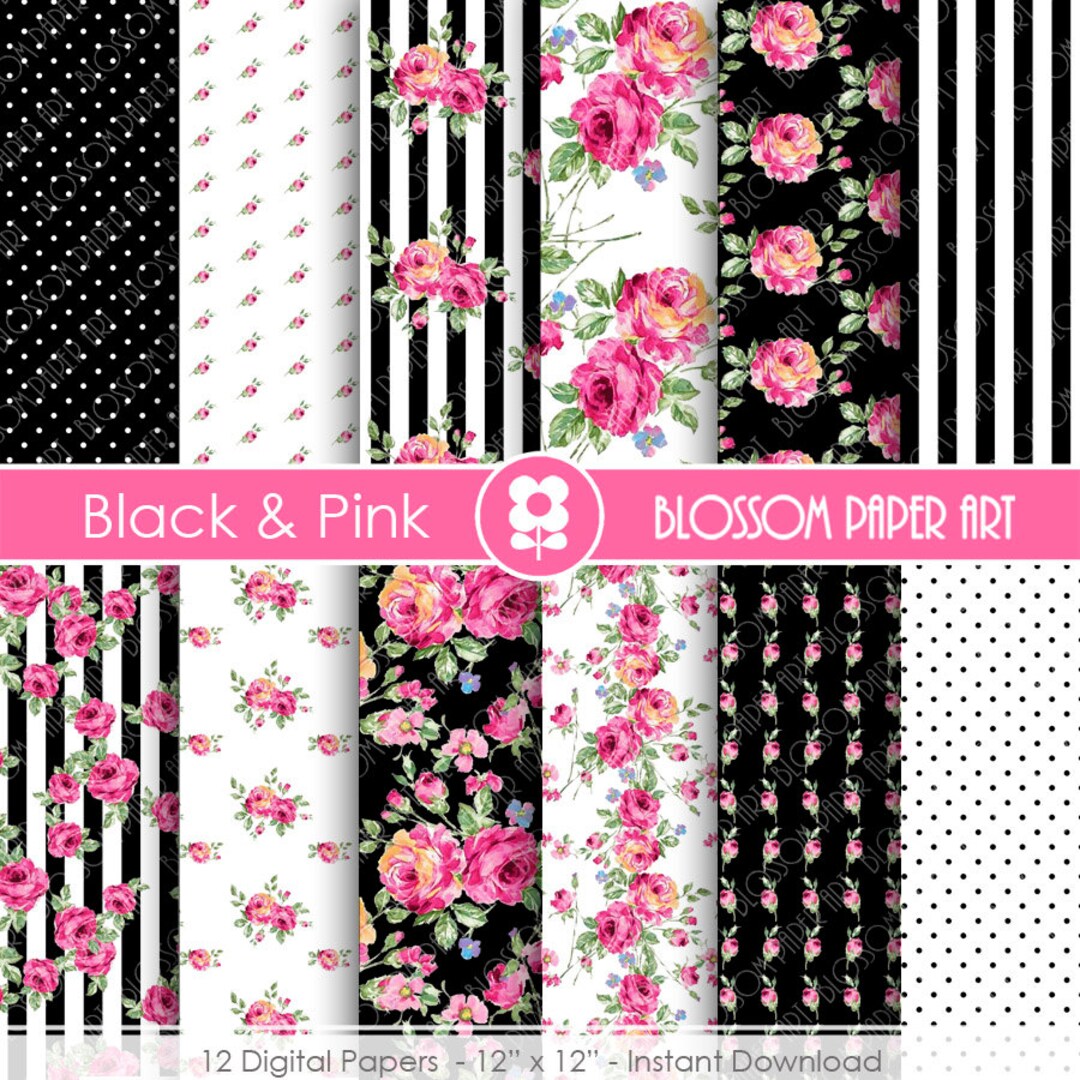 Pink and Black Digital Paper, Floral Digital Paper Pack, Pink Roses ...