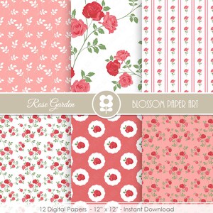 Red Rose Digital Paper, Shabby Rose Digital Paper Pack, Red Roses ...