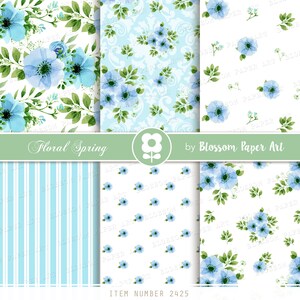 Light Blue Floral Digital Paper Pack: Vintage Scrapbook (instant ...