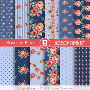 Blue Navy Digital Paper Pack, Blue Floral Scrapbooking, Cottage Papers ...
