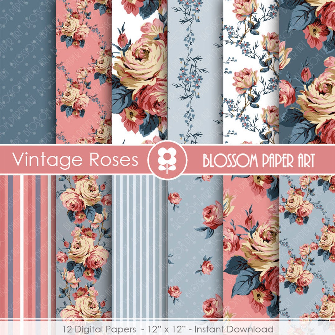 Rose Digital Paper, Pink Blue Floral Digital Paper Pack, Pink Roses ...