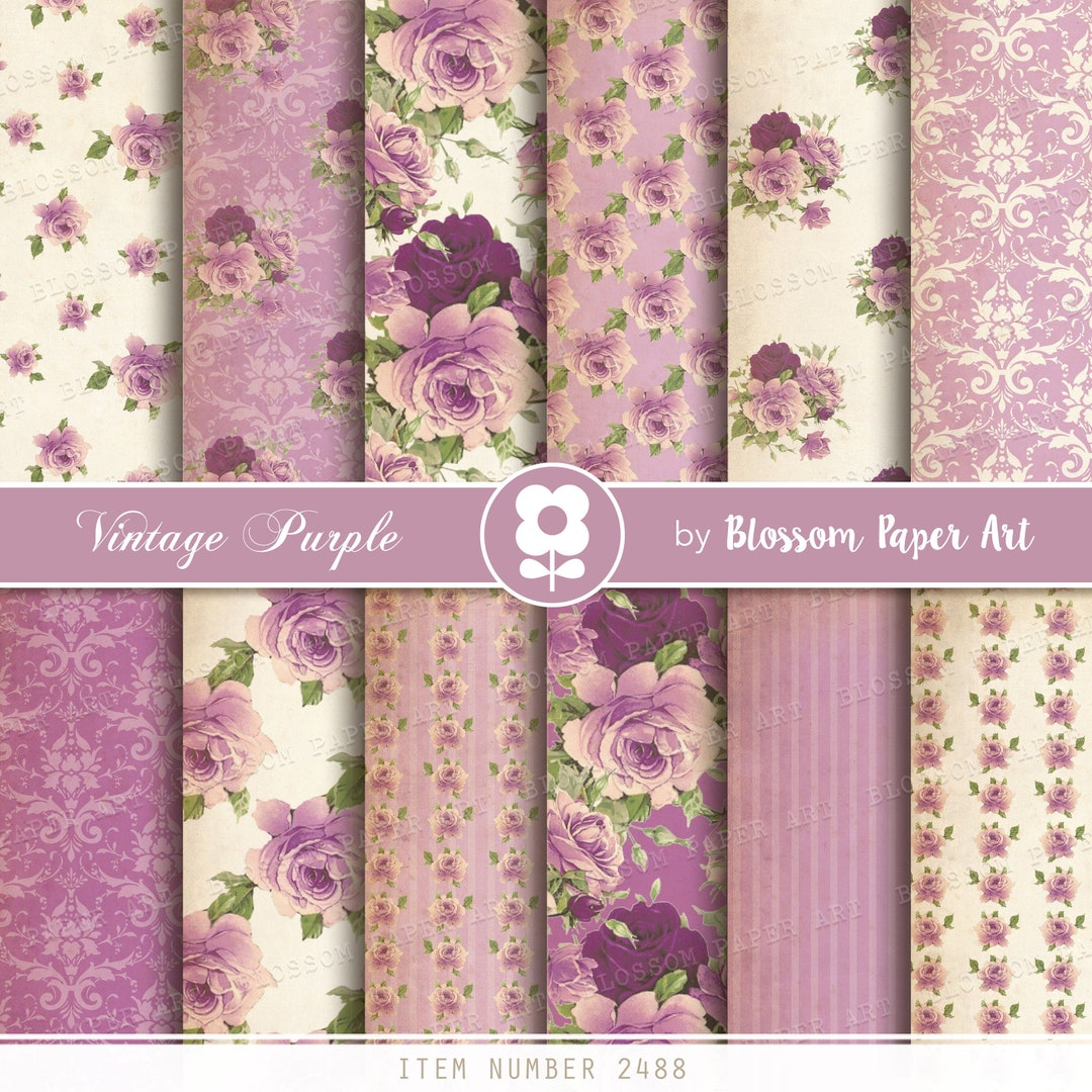 Purple Digital Papers FLORAL Digital Papers, Vintage Scrapbook Paper ...