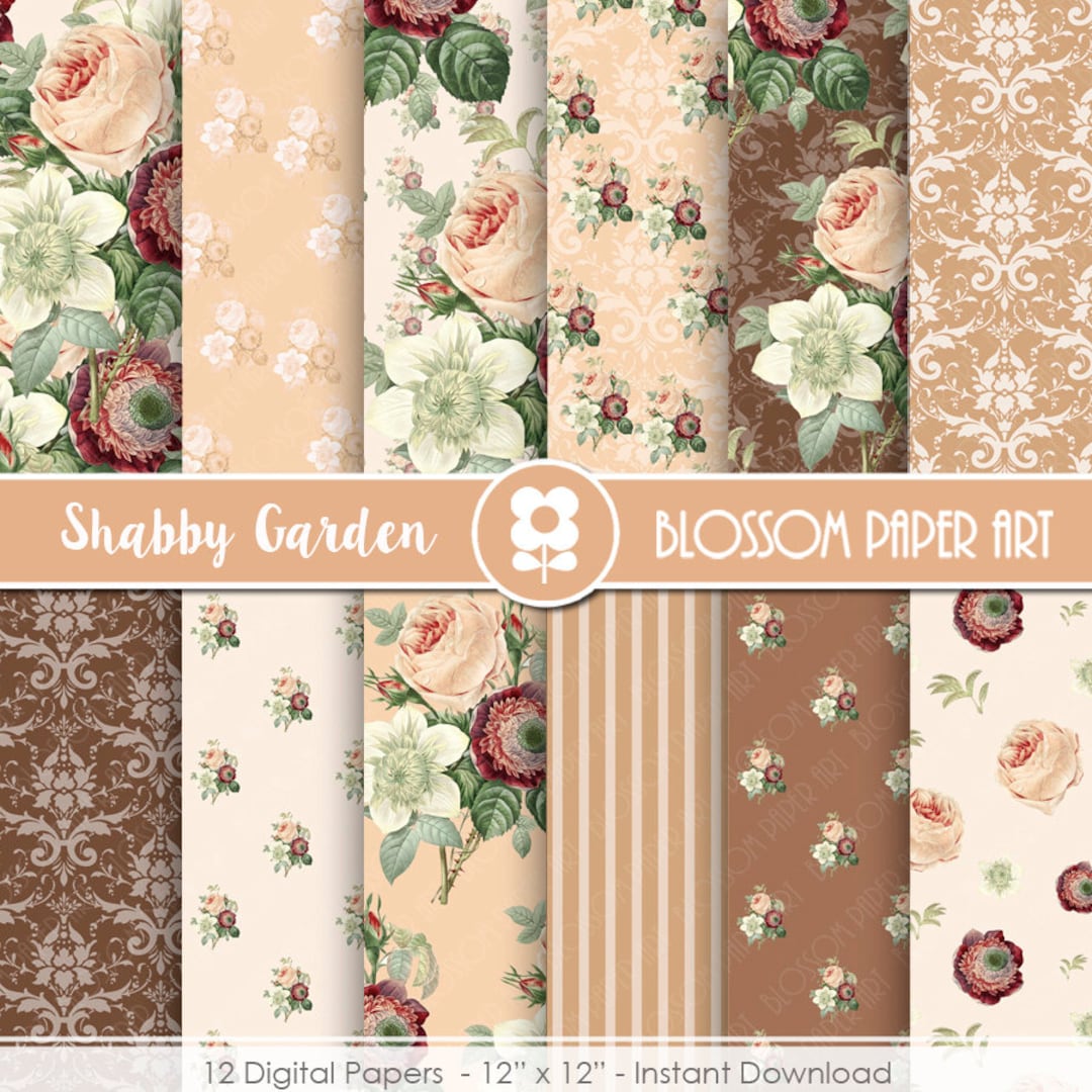 Peach Floral Digital Paper, Rose Digital Paper, Rose Vintage Scrapbook ...