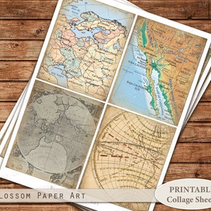 Vintage Maps, Printable Junk Journal Collage Sheet, Journaling Cards ...