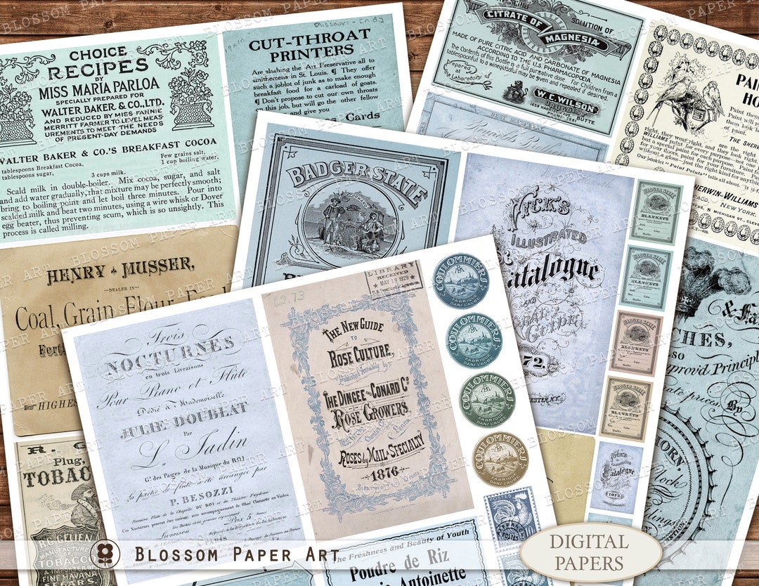 Blue Ephemera for Junk Journal, Old Advertisements for Print, Printable Ephemera, Digital ...