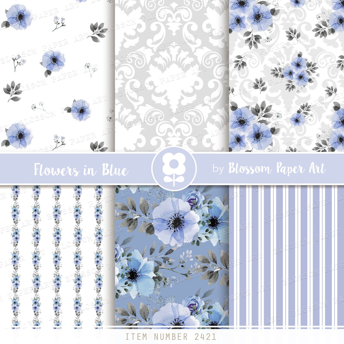 Shabby Chic Flowers Digital Paper Digital Collage Blue Flowers | Etsy