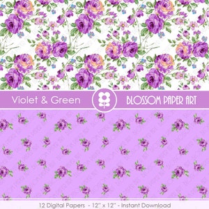 Violet Floral Papers, Rose Digital Paper Pack, Violet Green Digital ...