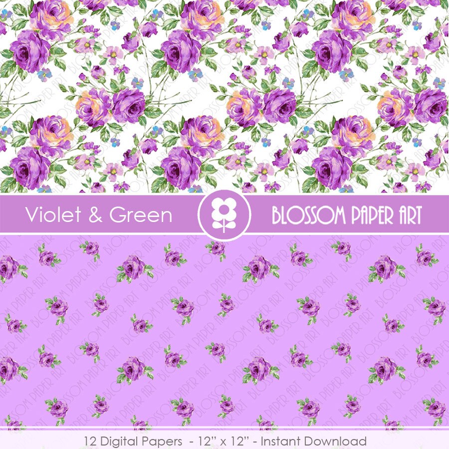 Violet Floral Papers Rose Digital Paper Pack Violet Green - Etsy