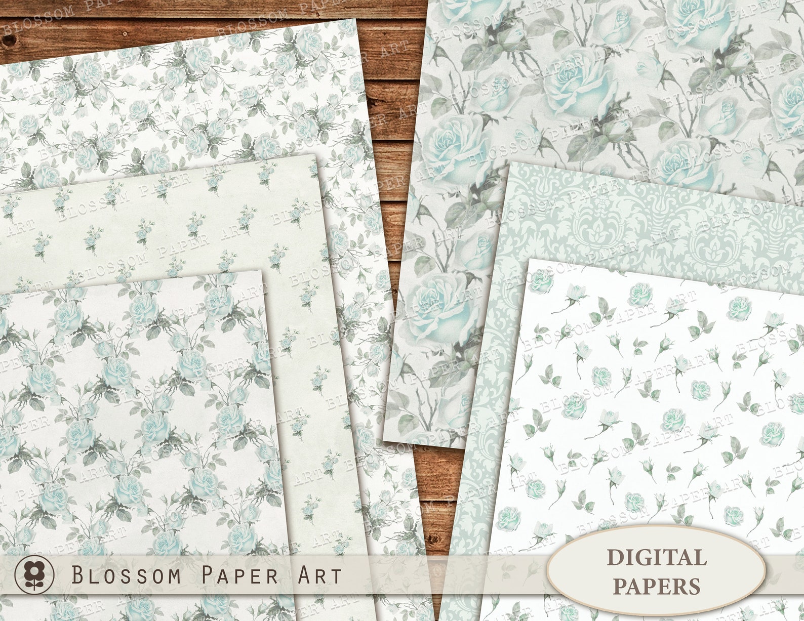 Mint Green Roses Digital Paper: Shabby Chic Scrapbook Paper (instant ...