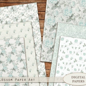 Vintage Digital Paper, Shabby Chic Digital Paper Pack, Mint Green Roses ...