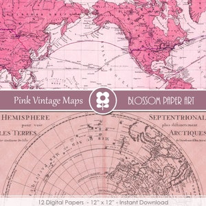 Maps Digital Paper, Pink Old Maps, Antique Maps, Digital Paper Pack ...