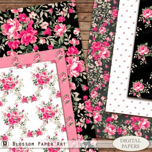 Pink and Black Floral Digital Paper, Scrapbook Paper Pack, Pink Roses ...