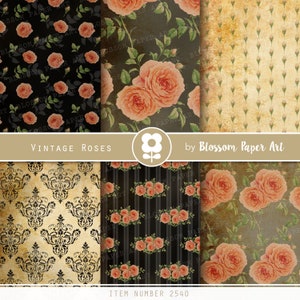 Vintage Digital Paper, Black Gold Roses Floral Digital Paper, Old ...