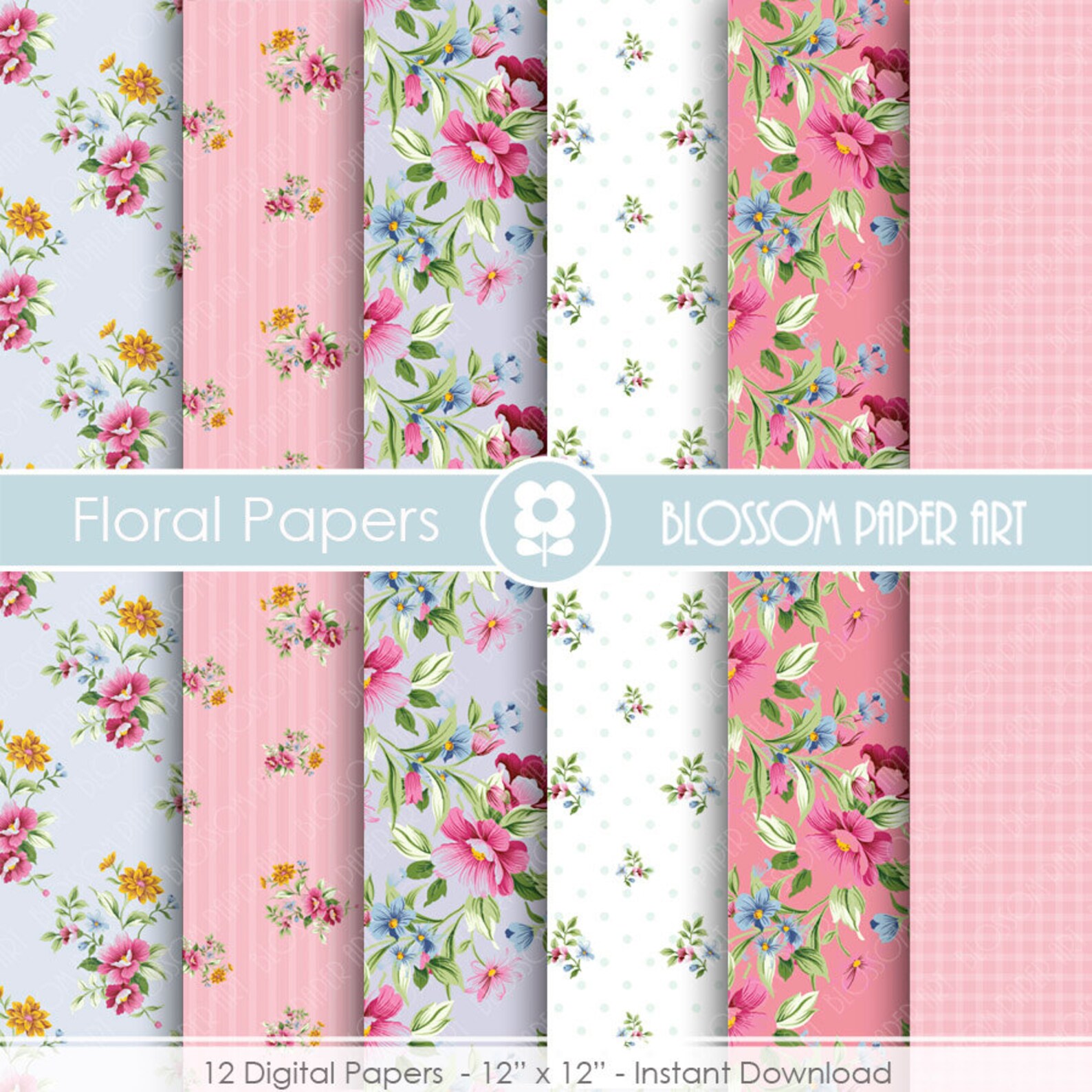 Shabby Chic Digital Paper Pack Blue and Pink Floral Digital | Etsy