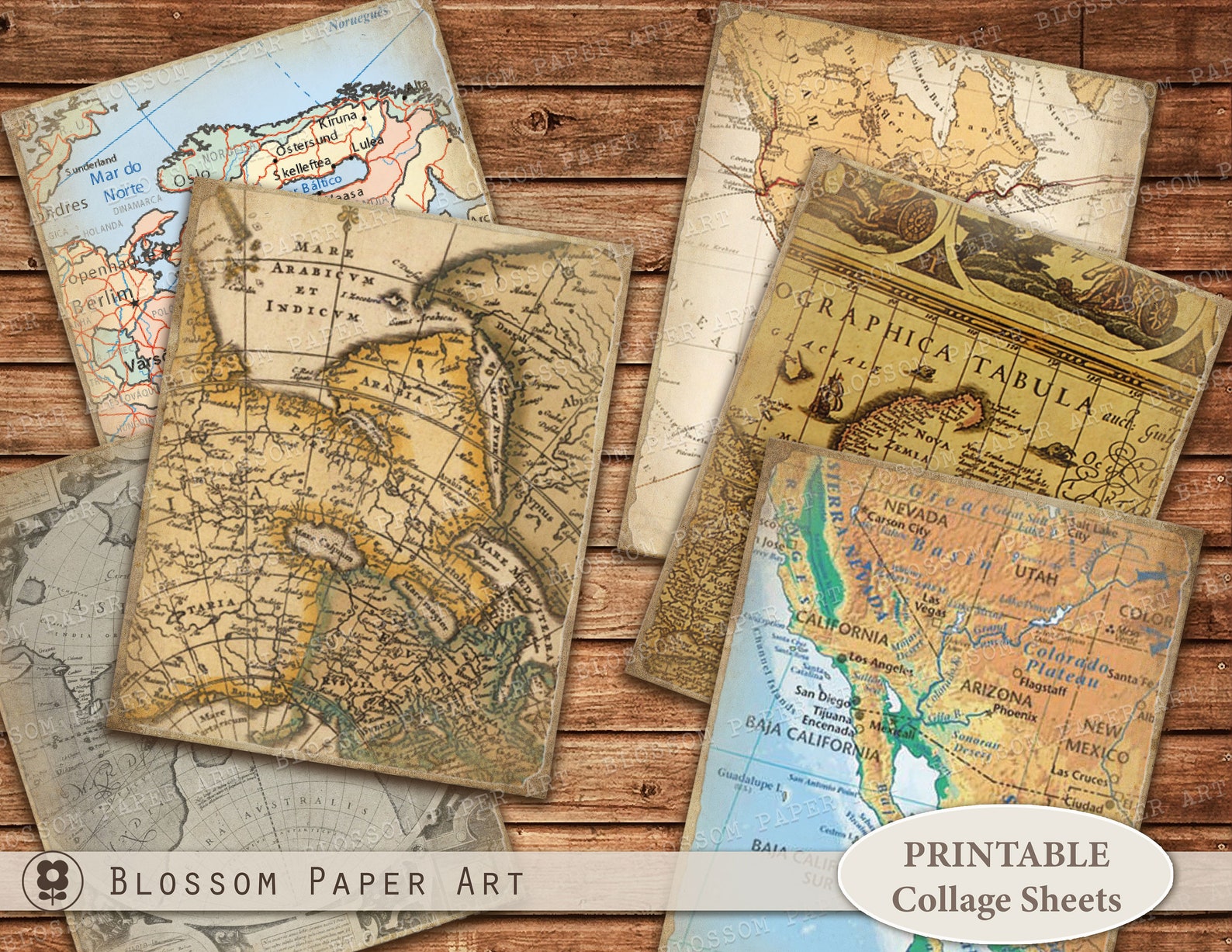 Vintage Maps, Printable Junk Journal Collage Sheet, Journaling Cards ...