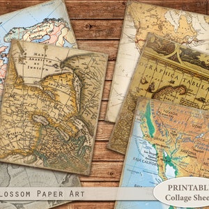 Vintage Maps, Printable Junk Journal Collage Sheet, Journaling Cards ...
