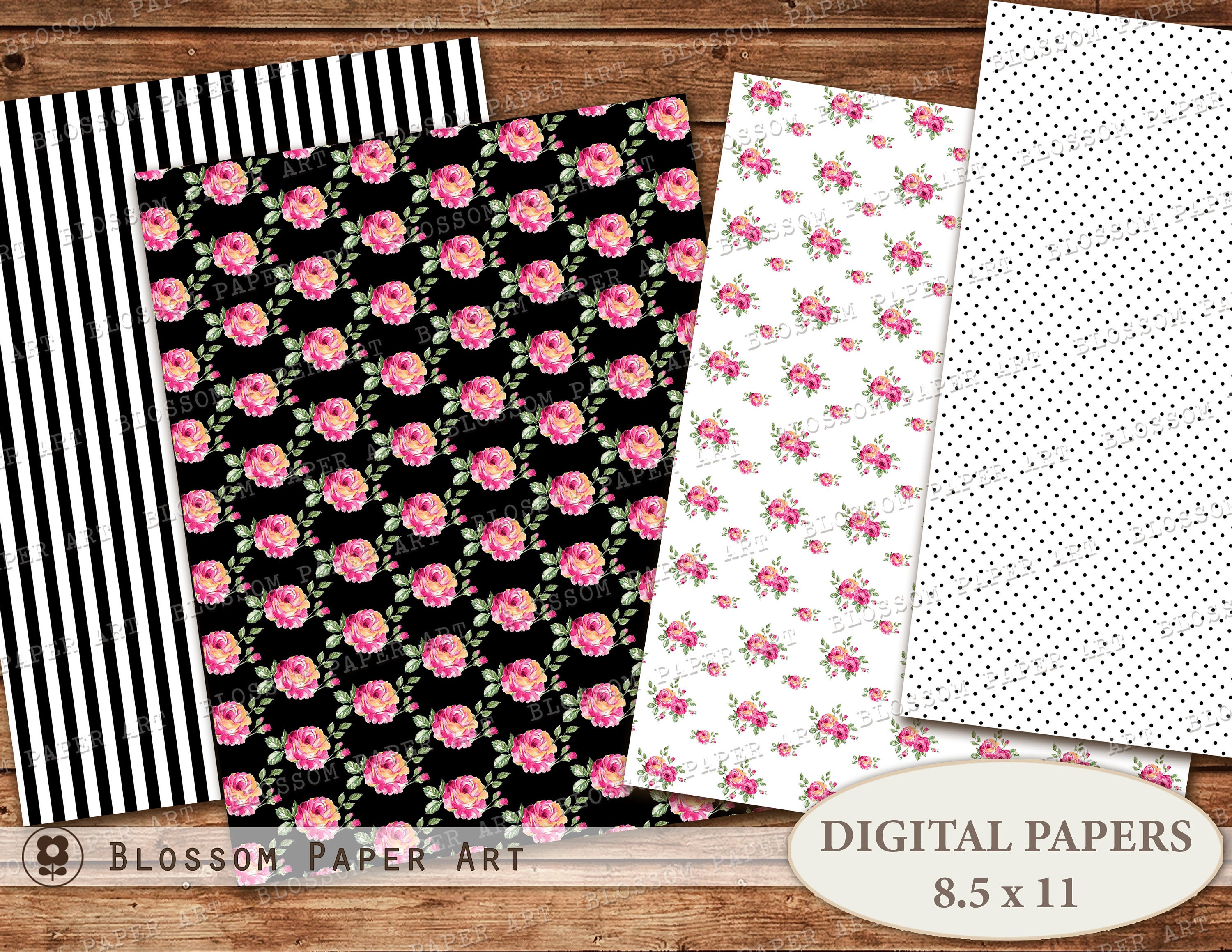 Pink and Black Digital Paper Scrapbook Paper Floral Collage | Etsy
