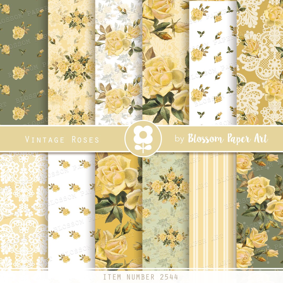 Yellow Digital Paper, Floral Scrapbook Paper, Roses Digital Paper ...