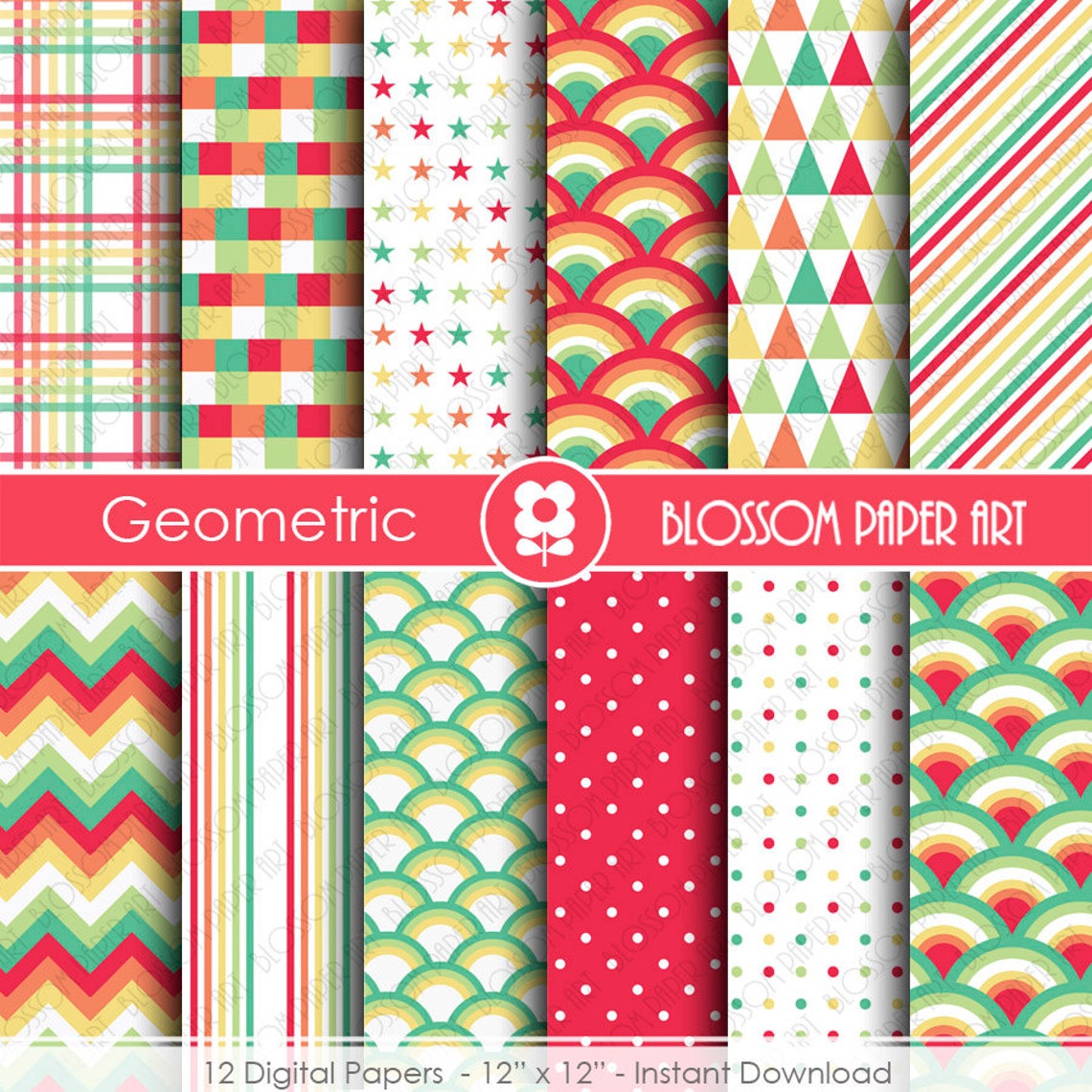 Rainbow Digital Paper Geometric Digital Papers Scrapbooking - Etsy