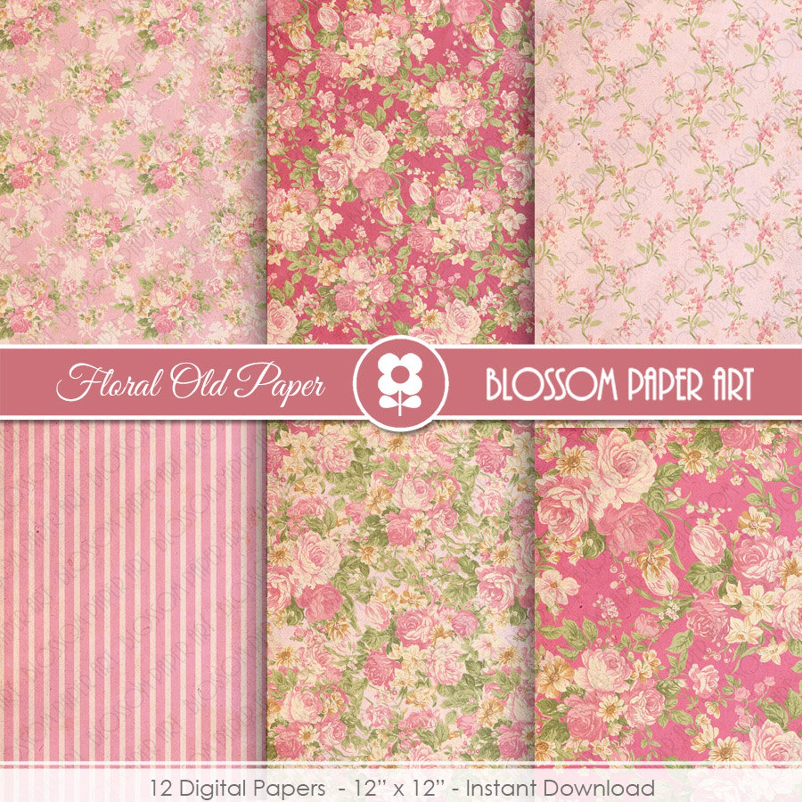 Pink Floral Digital Paper Shabby Chic Digital Paper Pack - Etsy