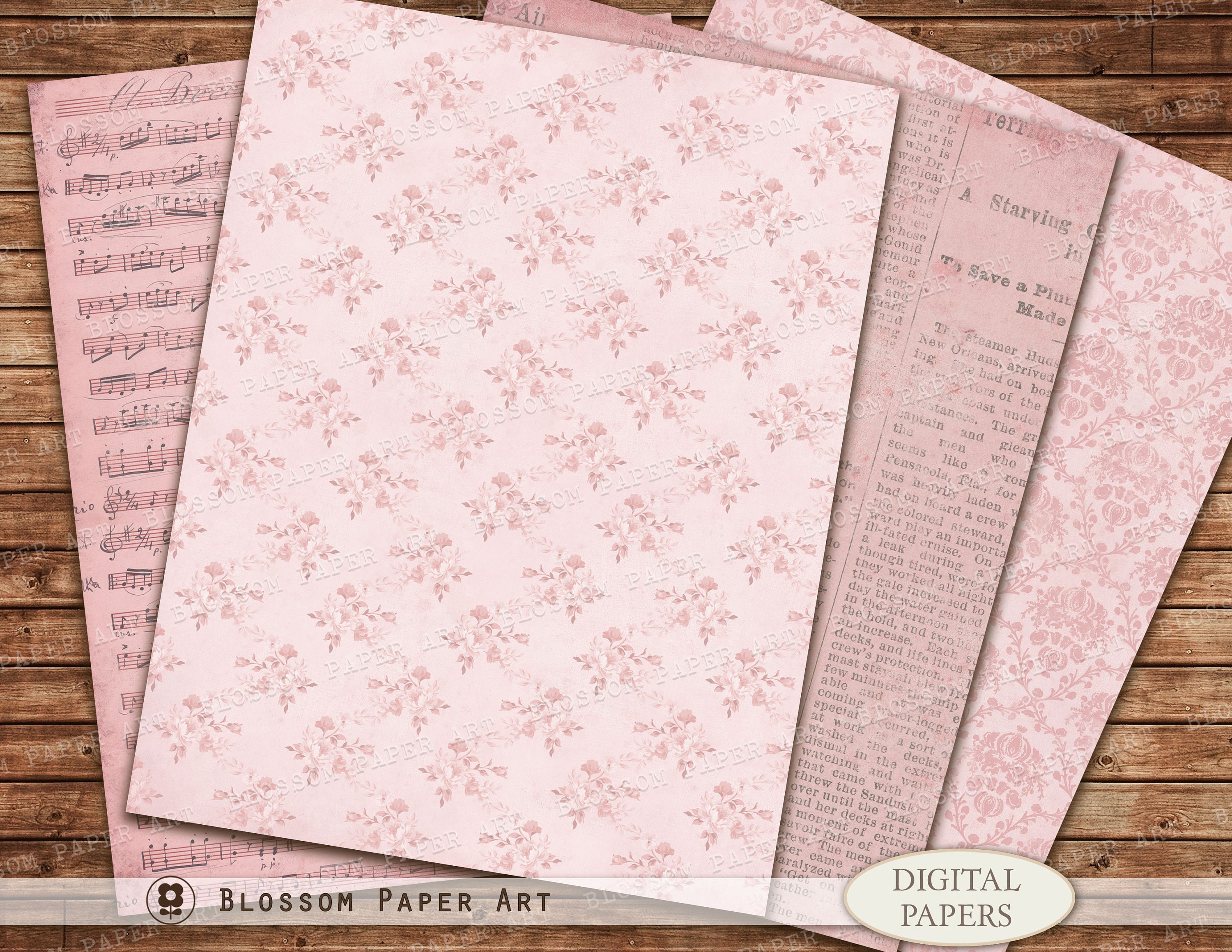 Vintage Pink Digital Paper: Floral Ephemera Textures (digital Download ...