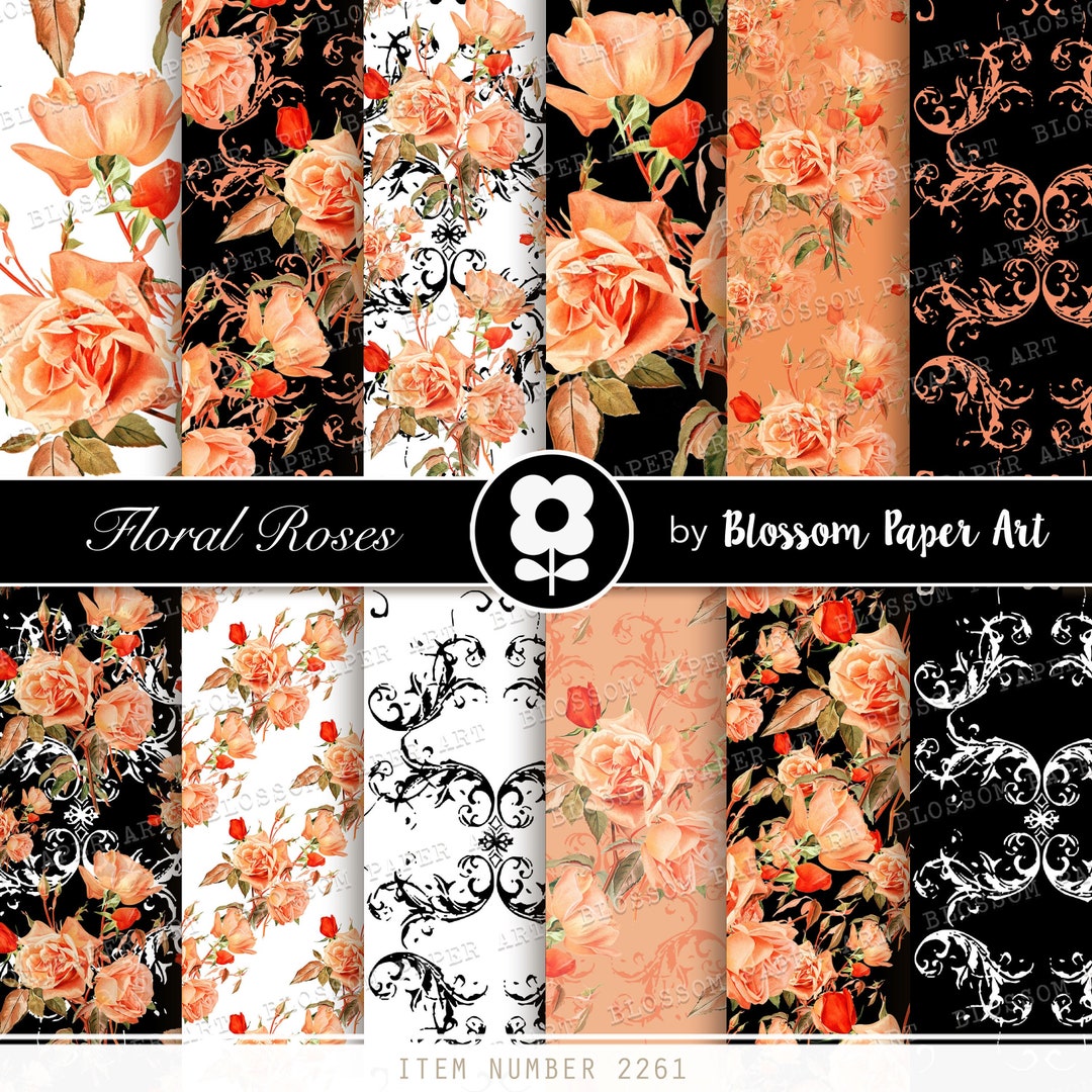 Floral Digital Paper Floral Vintage Digital Paper Pack Black and Peach ...
