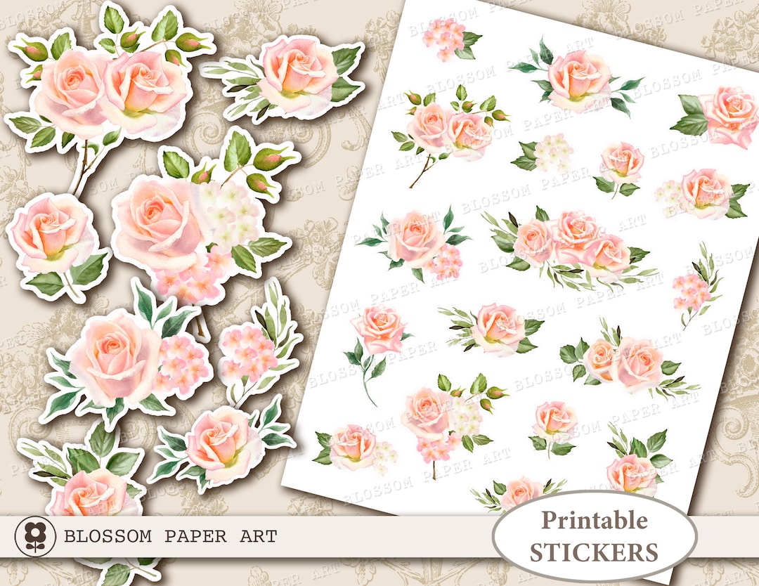 ROSE Printable Stickers, Fussy Cut Flowers, Printable Rose Stickers ...